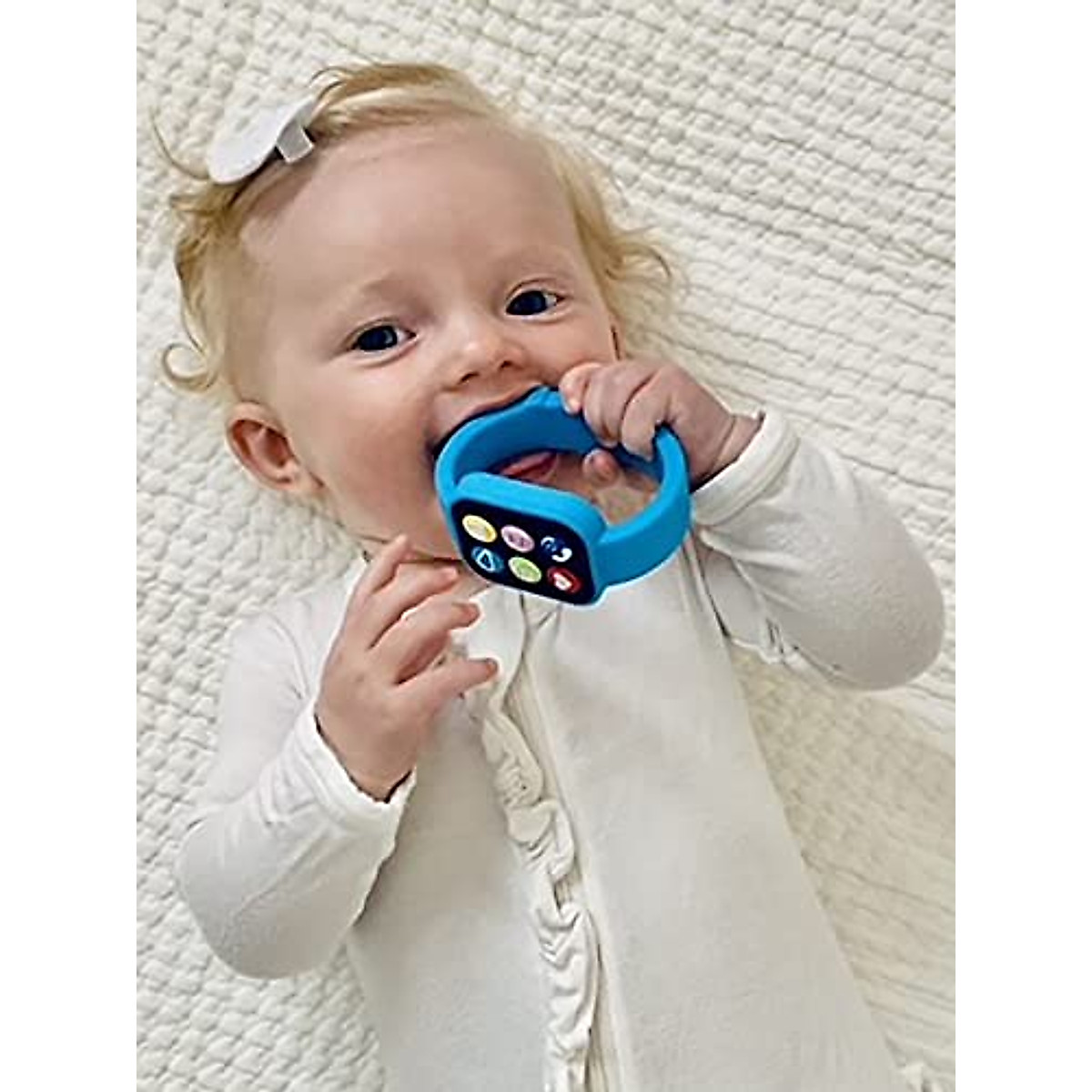 Silli Chews Silicone Baby Smart Watch Wrist Teether for Teething Relief | Hand Teethers for Babies Infants and Toddlers | Kids Teething Ring Toys Pretend Play Phone Baby Teether Blue Silly Chew Toy