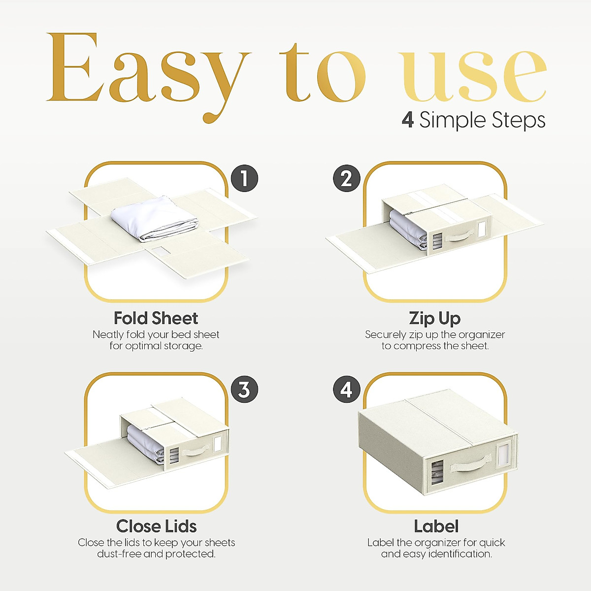 Luxury Lineup Bed Sheet Organizer 4 Pack, Foldable Linen Closet Organizers and Storage, Sheet Organizer Queen & King Size, Bedding Storage Box for Bedsheets, Duvet Covers and Pillow