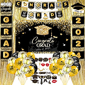 2024 Graduation Party Decorations - Graduation Decorations Class of 2024, Graduation Party Supplies Pack Including Backdrop, Porch Sign, Banner, Balloons, Photo Booth Props
