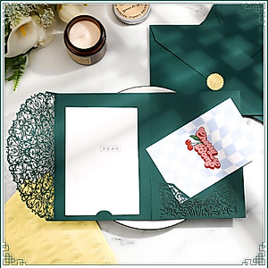PerKoop 100 Set 5 x 7 Laser Cut Wedding Invitations with Envelopes and Wax Seal Stickers Pocket Wedding Invitation Cards Blank Invitation Kit for Wedding Bridal Shower Engagement Invite (Dark Green)