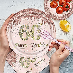 96PCS 60th Birthday Party Tableware Set 60th Birthday Party Supplies 60th Birthday Plates and Napkins 60th Birthday Party Decorations for Women Pink Rose Gold Birthday Plates Napkins Forks Serve 24