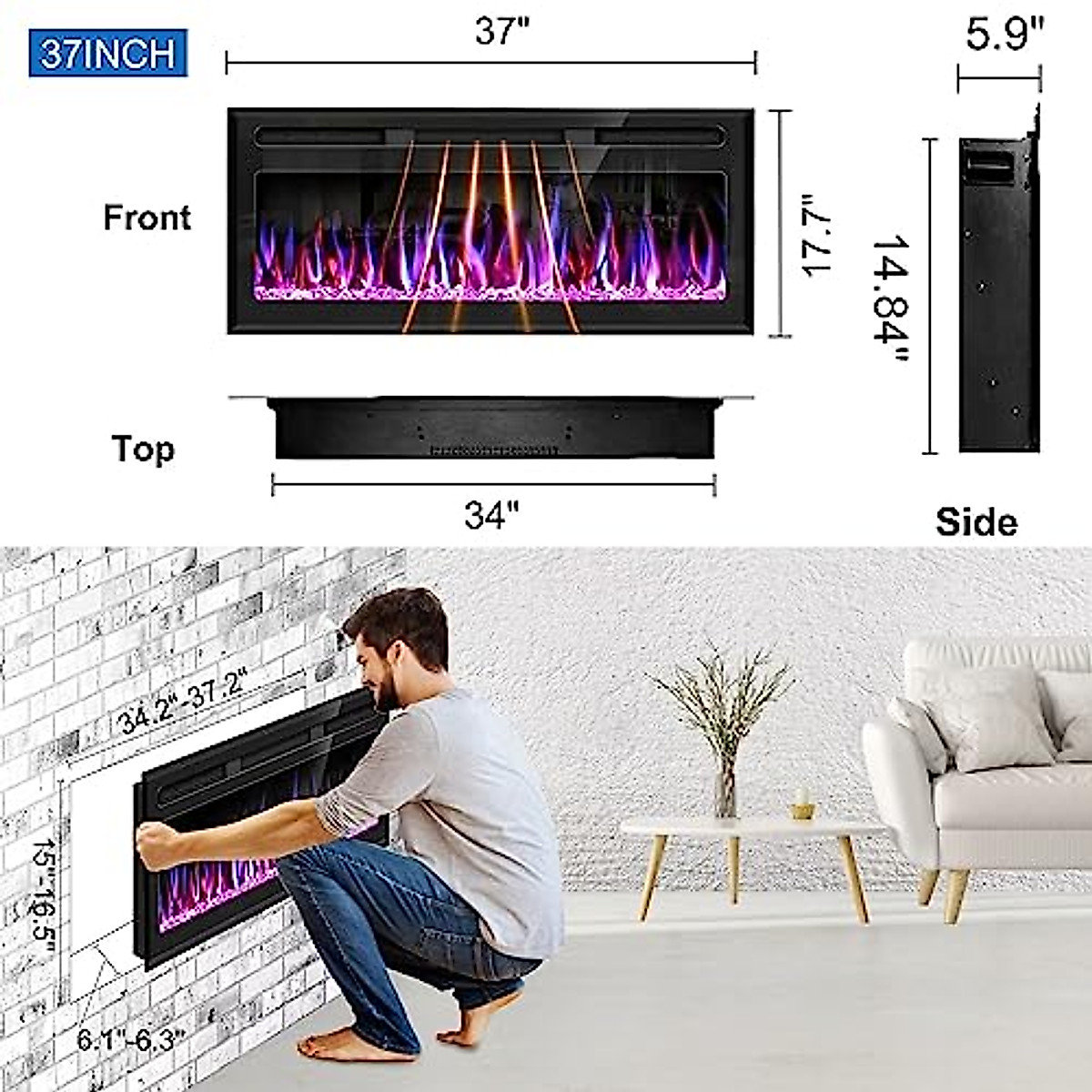 Hocookeper 37 inch Electric Fireplace, Wall Mounted and Recessed Fireplace Linear Fireplace Insert with Remote Control, Adjustable Flame Colors, Timer,750w/1500w, Black