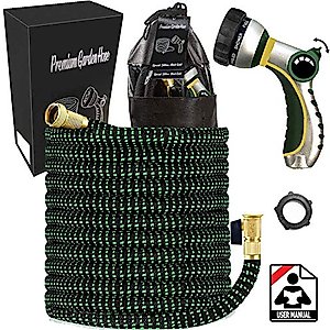 Water Hose Heavy Duty Expandable Hose – Black Green, Triple Layer, Stronger Triple Latex Core, Heavy Duty, Thumb Control Spray Nozzle 3/4 USA (75ft)