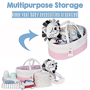 AUNHUIT Baby Diaper Caddy Organizer Nursery Storage Basket Portable Pink Woven Cotton Rope with Removable Inserts Newborn Registry Must Haves Baby Girl Shower Basket Hanging Large Travel Tote Bag