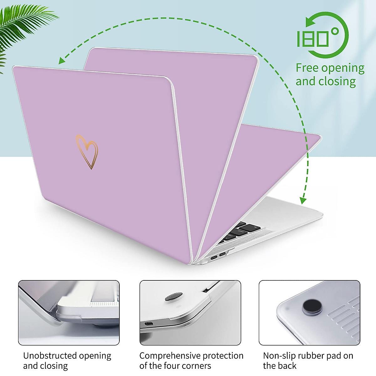 Seorsok Compatible with MacBook Air 13 Inch Case 2020 2019 2018 Release A1932 A2179 M1 A2337 Touch ID, Gold&Cute Heart Pattern Plastic Hard Shell Case with Keyboard Cover,Purple