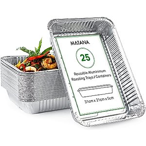 MATANA 8x12" Aluminum Pans Foil Trays (25 Pack) Cooking, Roasting, Baking, Cakes, Bread, Chafer, Crawfish, Lasagna Trays, Party