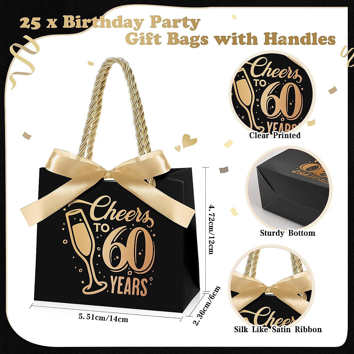 Clysee 25 Pcs Birthday Gift Bags with Handles Black and Gold Party Favor Bags Bulk for Birthday Wedding Anniversary Supplies Decorations, 5.51 x 2.36 x 4.72 Inches(Cheers to 60)