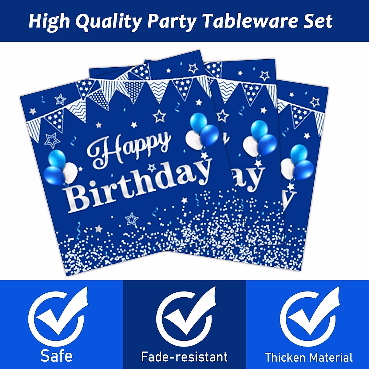 Tevxj Birthday Party Tableware Set, 96PCS Navy Blue and Silver, Disposable Plates, Napkins, Forks for 24 Guests, Place Setting for Men and Boys