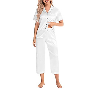 SWOMOG Women Satin Pajama Set Short Sleeve Sleepwear Capri Silk Pjs Set 2 Piece Loungewear Button Down Nightwear with Pockets