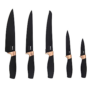 S & Co. 6 Pcs Kitchen Knife Set with Acrylic Block - Super-Sharp Steel Knives with Non-Stick Coating - Chef, Bread, Carving, Utility, Paring Knives - Stylish Cooking Tools with Black, Rose Gold Handle