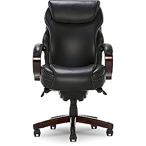 La-Z-Boy Hyland Executive Office Chair with AIR Technology, Adjustable High Back Ergonomic Lumbar Support, Bonded Leather, Mahogany Wood Finish/Black