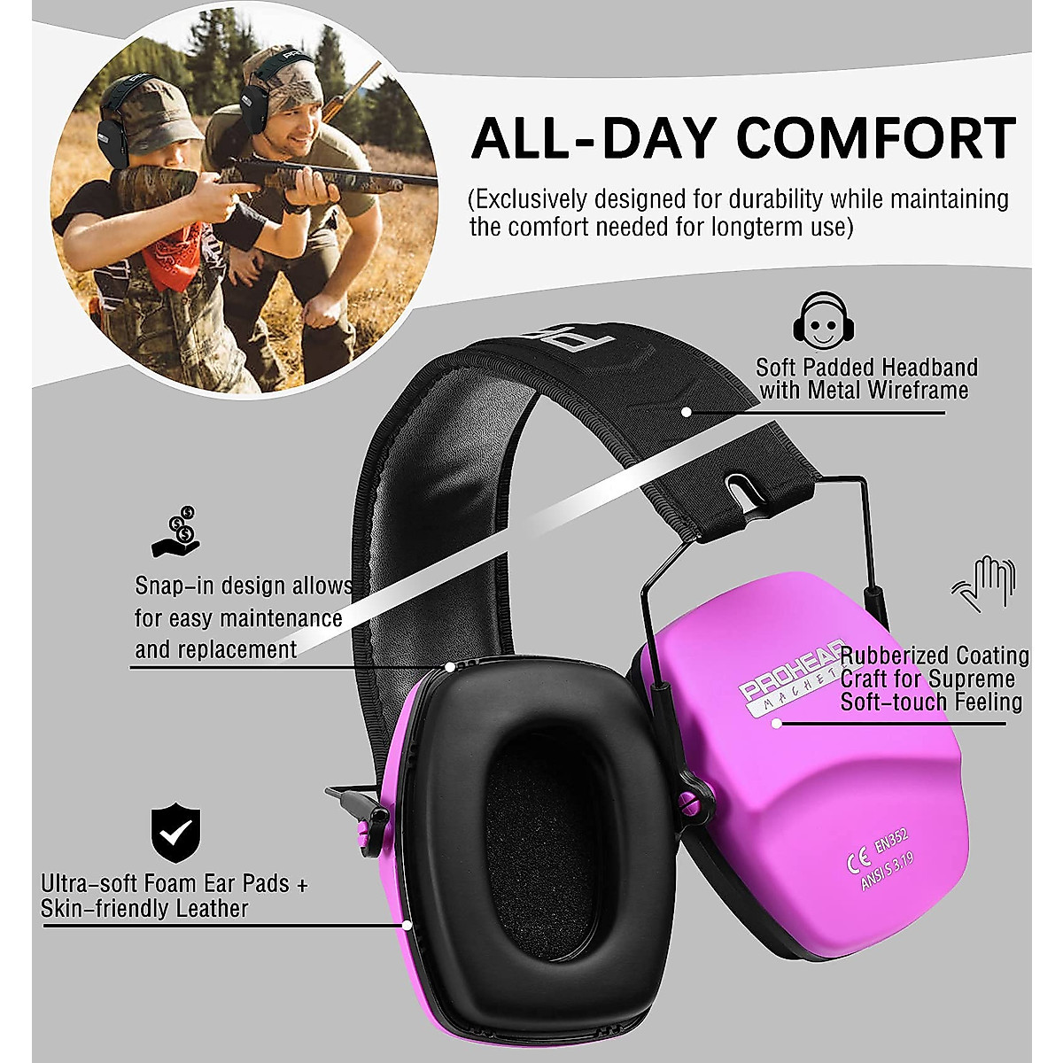 PROHEAR 016 Shooting Ear Protection Earmuffs 3 Pack, NRR 26dB for Gun Range, Hunting -Black and Green and Pink