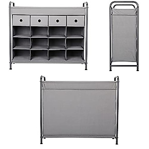 BirdRock Home 16 Cubby Shoe Rack Organizer with 4 Drawers - Grey - Free Standing Cabinet for Closet - Sturdy Metal Frame - Space Saver - Bedroom Organization