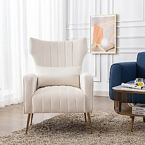 chairus Wingback Velvet Accent Chairs Set of 2, Modern Living Room Armchairs Comfy Upholstered Single Sofa Chair for Bedroom Dorms Reading Reception Room with Gold Legs & Small Pillow, Cream