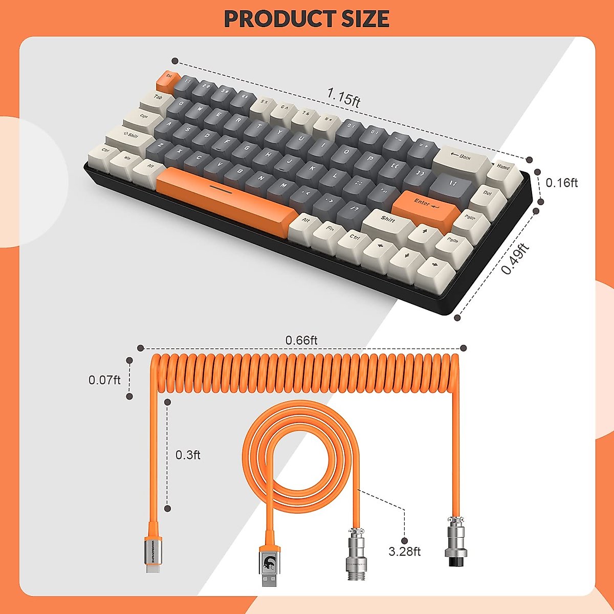 ZIYOU LANG RK-T8 Wired 65% Mechanical Gaming Keyboard with RGB LED Backlit Anti-ghosting TKL Mini 68 Key Custom Coiled C to A Cable Tactile Brown Switch for PS4 PS5 Xbox PC Mac Gamer(White/Dark Gray)