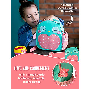 Planet Buddies Kids Lunch Box Bag, Insulated Lunch Bag Backpack for School, Cool Bag Lunch Boxes for Girls and Boys, Children's Backpacks with Water Bottle Holder and Name Tag, Olive the Owl