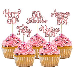 30Pcs Vintage 1974 Cupcake Toppers Glitter Fifty 50 Fabulous Happy 50th Birthday Cupcake Picks Cheers to 50 Years for 50th Birthday Anniversary Party Cake Decorations Supplies Rose Gold