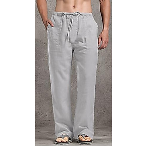 perdontoo Mens Casual Cotton Linen Pants Elastic Waist Drawstring Straight Summer Beach Pants (X-Large, Grey)