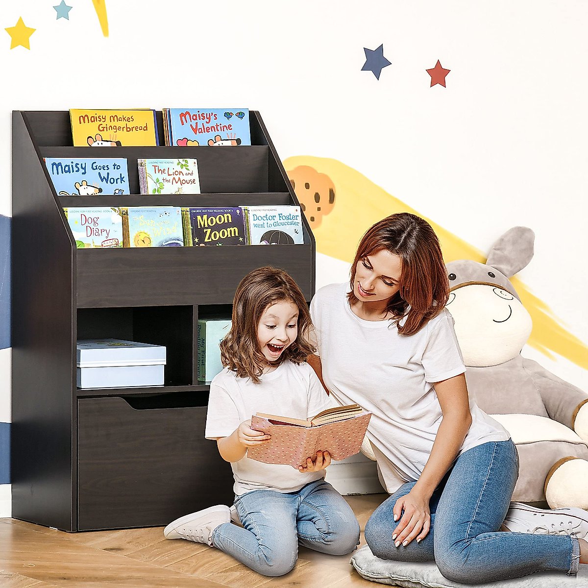 HOMCOM Kids Bookcase Multi-Shelf Rack Organizer with Storage Drawer for Books, Playroom, Brown