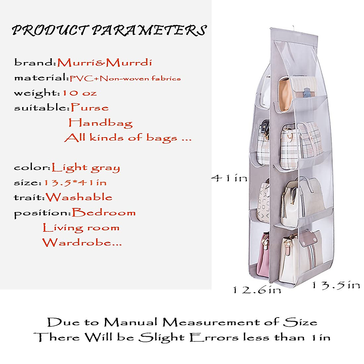 MURRI&MURRDI 2 Packs Hanging Handbag Organizer for Closet, Purse Storage Holder with 8 Easy Access Clear PVC Pockets, Purse Hanger for Wardrobe Space Saving Organizer (2 Gray)