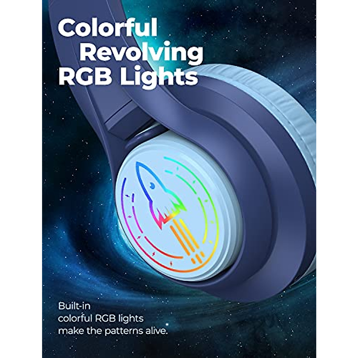 iClever TransNova Kids Bluetooth Headphones, LED Lights Up, Replaceable Plate, 74/85/94dB Volume Limited, 45H Playtime, Stereo Sound, Kids Headphones Wireless with Case for Travel iPad Tablet, Blue