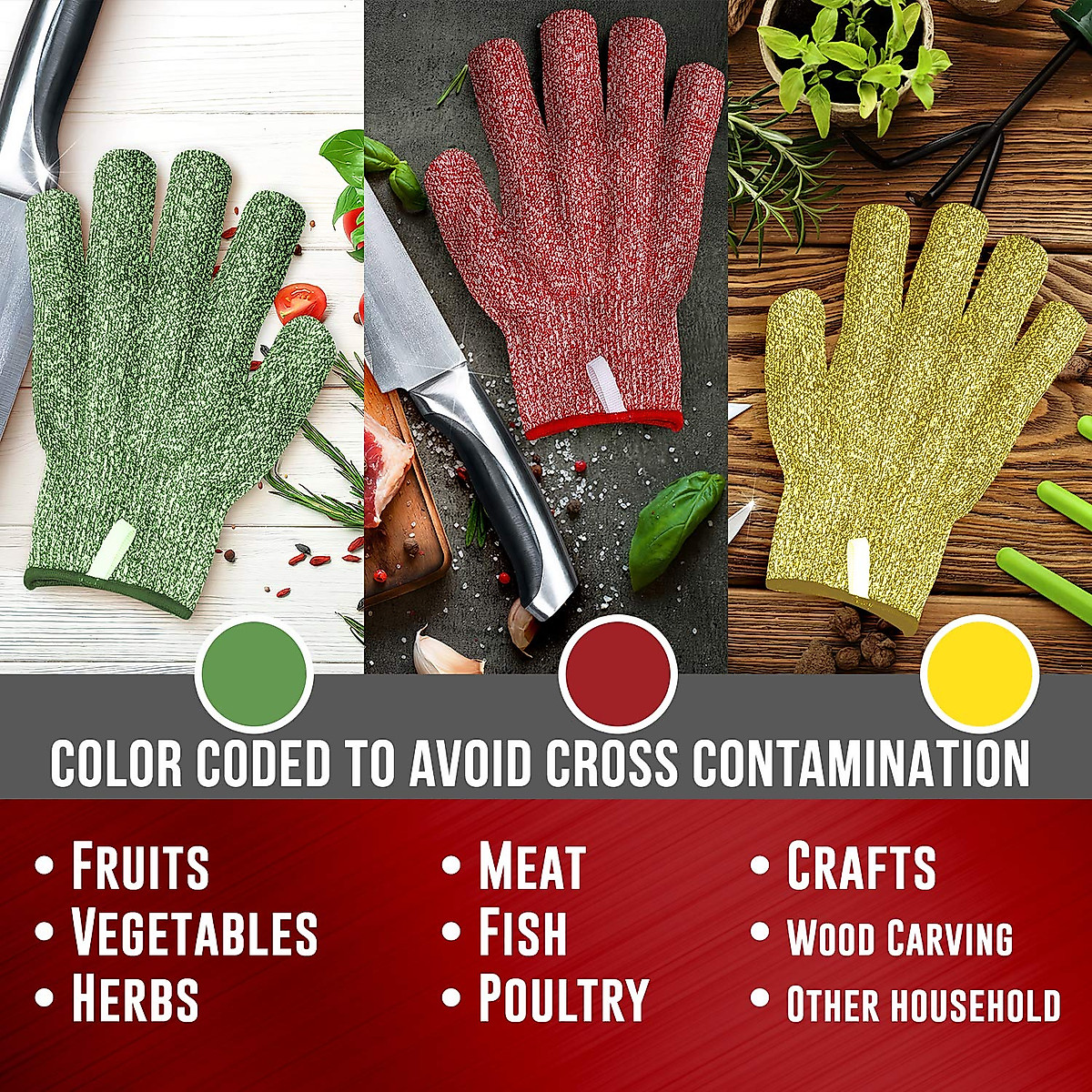 TruChef Cut Resistant Gloves - 3 Pack, Food Grade, Fits both hands, Level 5 Protection, Small