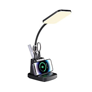 GOLSPARK Desk Lamp with Wireless Charger, LED Desk Lamp for Home Office 3 Color Modes CRI90+ Eye-Caring Reading Light with Pen Holder, Dimmable Gooseneck Touch Control Table Lamp for College Dorm Room