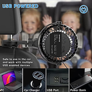 LEMOISTAR USB Powered 5V Car Fan, Powerful 4 Speed Quiet Ventilation Electric Cooling Fans with Clip/Hook/Suction Cup, Portable Car Fans for Rear Backseat Passenger Dog(USB Powered ONLY)