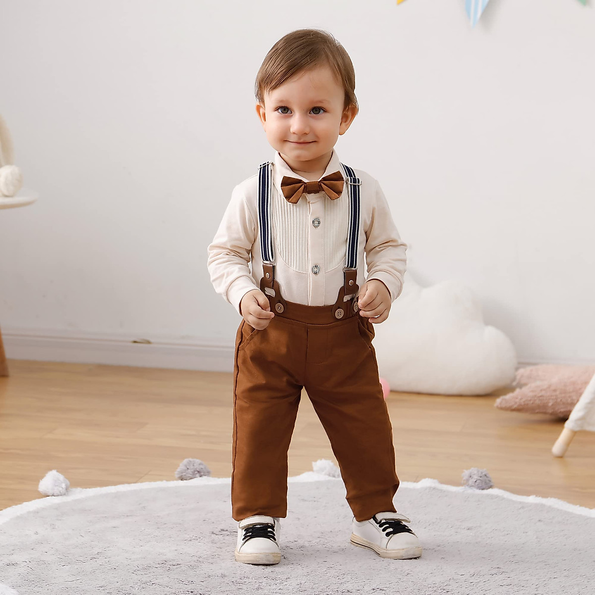 YUEMION Baby Boy Clothes Set Infant Tuxedo Long Sleeve Gentleman Suit Outfits + Beret Hat + Suspender Pants + Bowtie(L Beige - long sleeve, 6-12 Months)