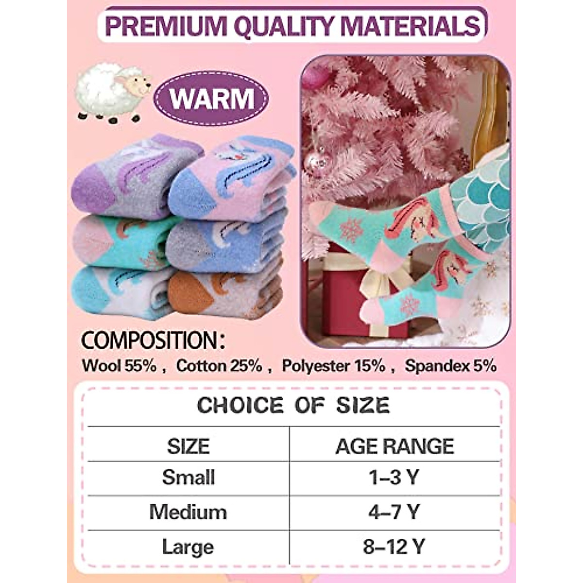 Anlisim Kids Wool Hiking Socks Toddlers Boys Girls Warm Winter Thermal Thick Heavy Crew Boot Cozy Child Gift Cabin Socks Stocking Stuffers 6 Pack(Unicorn C,8-12 Y)