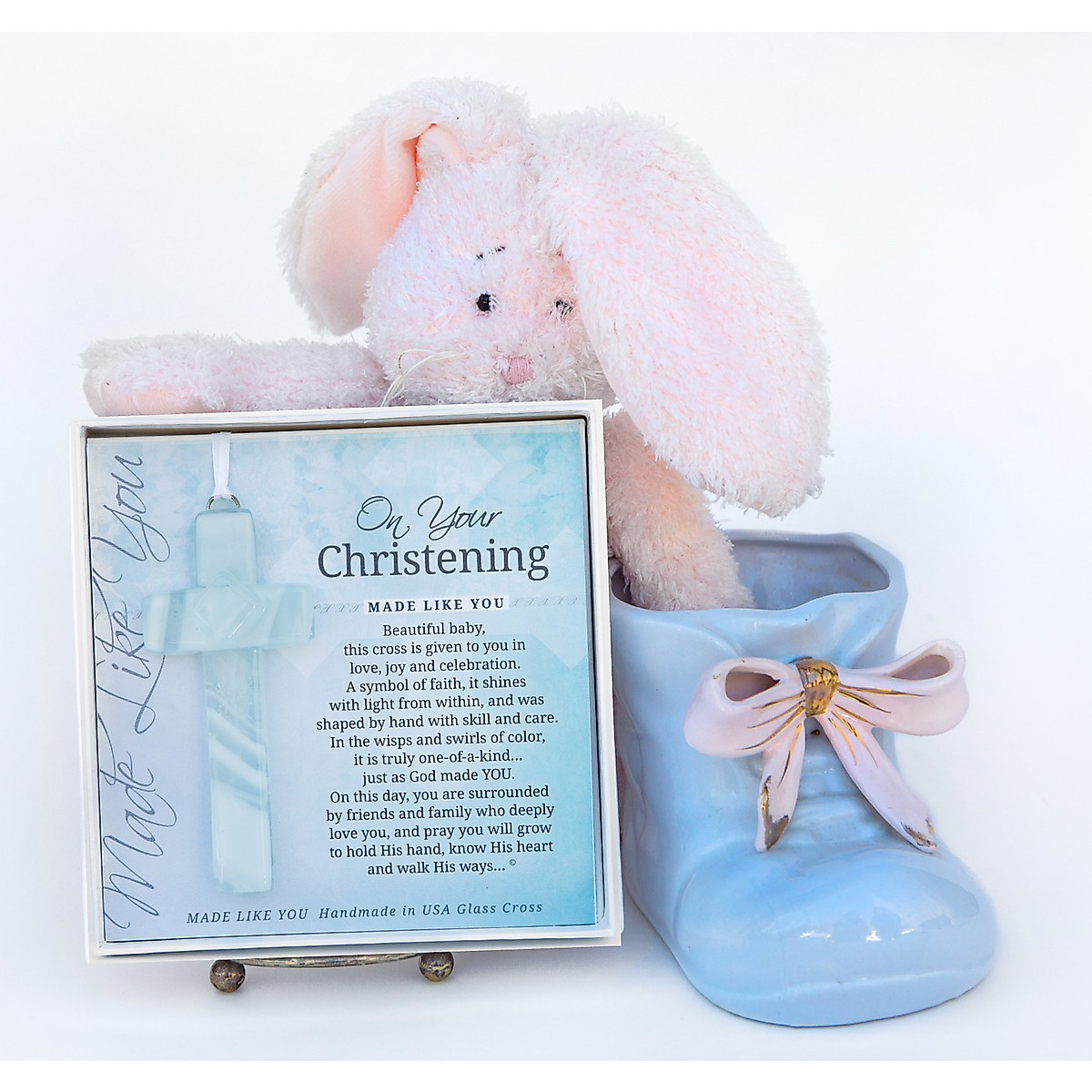 On Your Christening, Beautiful Baby Aqua/Clear Handmade Glass Cross Keepsake Gift