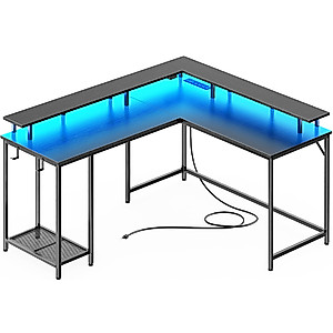 SUPERJARE L Shaped Gaming Desk with Power Outlets & LED Lights, Computer Desk with Monitor Stand & Storage Shelf, Home Office Desk Corner Desk with Hooks, Black