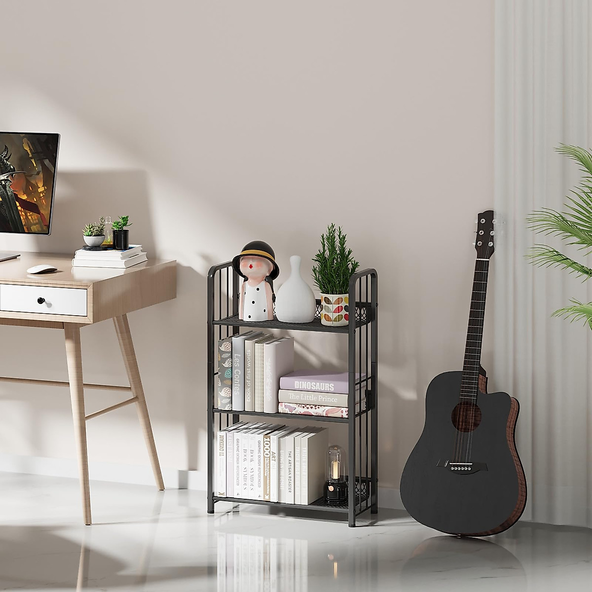 Azheruol Bookshelf Storage Shelf Bookcase Freestanding Storage Stand Book Organizer for Living Room, Bedroom, Kitchen, Rust Resistance,Easy Assembly Multi-Functional Organizer (3 Tiers Black)