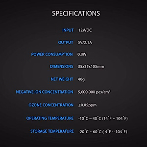 UTILE Car Ionizer Purifier with Dual USB Charger – Ionic Air Freshener for Odor Removal | 2.1A/0.8W USB Charging for Phone, Tablet and Other Devices (Black, Pack of 1)