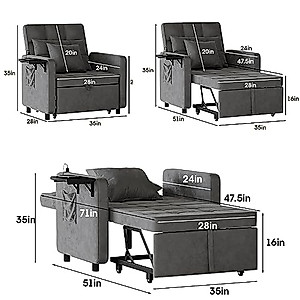 Vabches Sofa Bed Chair with Wing Table and USB Ports Outlet, 3-in-1 Sofa Chair Bed with Two Pillows, Velvet Sleeper Chair with Adjustable Backrest, Easy Assembly, Dark Grey