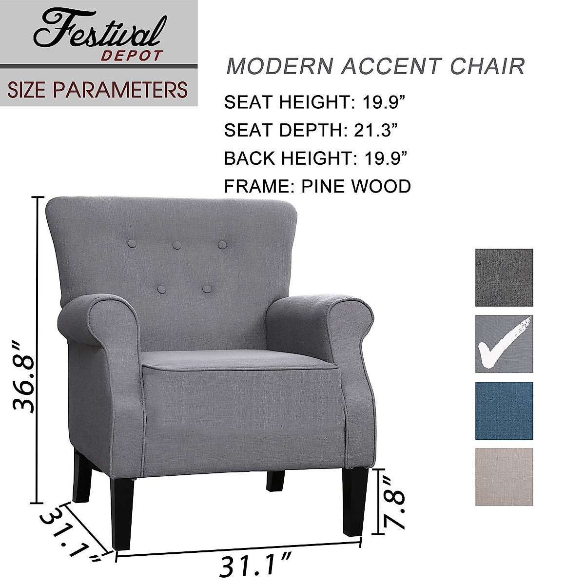 Festival Depot 1 Piece Indoor Modern Fabric Furniture Accent Arm Chair Single Sofa for Living Room Bedroom with Comfortable Seat (Grey)