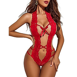 Avidlove Sexy Lingerie Women Deep V Halter Lingerie Teddy One Piece Bodysuit Lace Babydoll lingerie crotchless lace lingerie Red Large