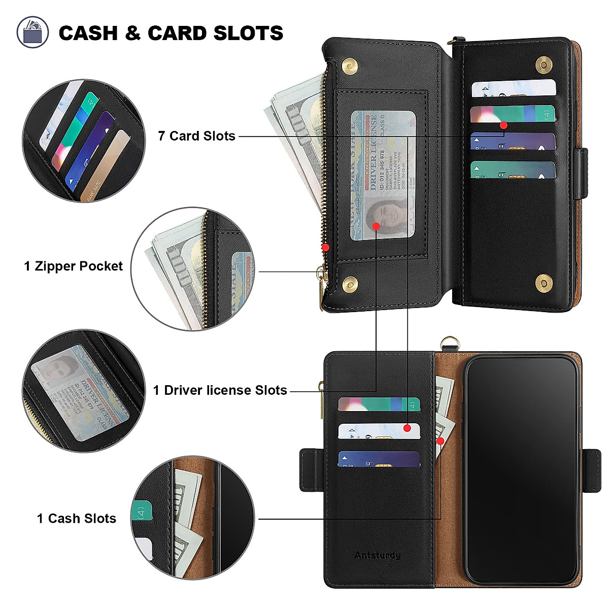 Antsturdy Samsung Galaxy Note 20 Ultra 5G case Wallet with Card Holder for Women Men,Galaxy Note 20 Ultra 5G Phone case RFID Blocking PU Leather Flip Cover with Strap Zipper Credit Card Slots,Black