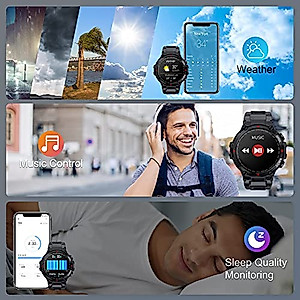 Military Smart Watch for Men Outdoor Tactical Smartwatch, ip67 Waterproof, Bluetooth Dail Calls Speaker 1.3" HD Touch Screen Tracker Heart Rate Monitor Sleep (Black + Band)