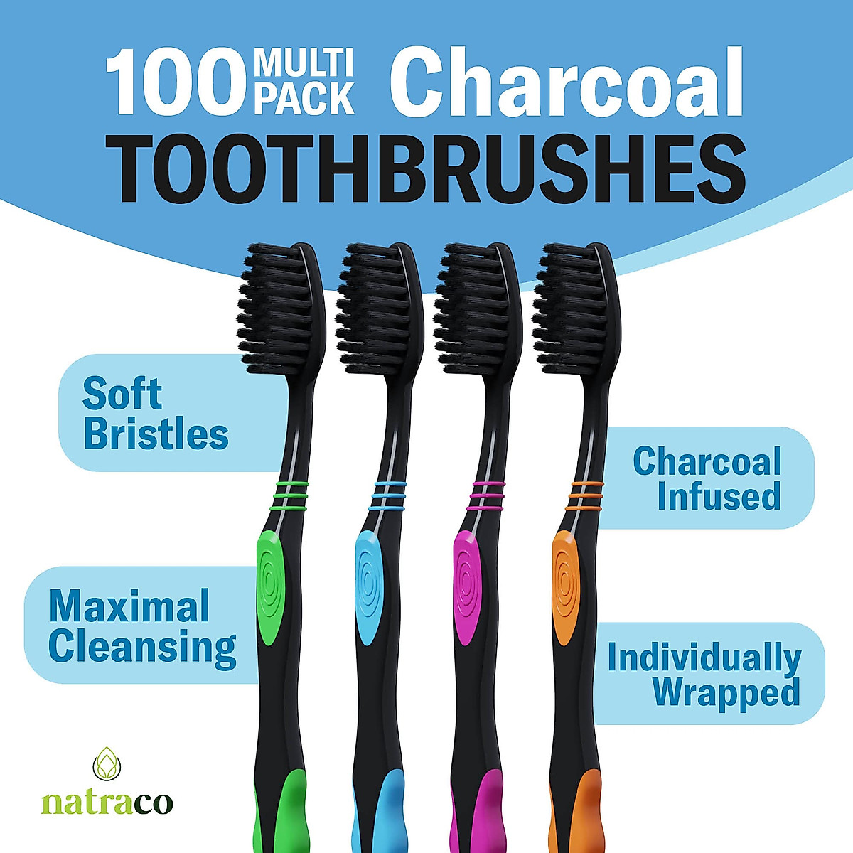 Charcoal Toothbrushes with Covers - Deepest Clean Black Charcoal Soft Bristle Toothbrush - Multi Colored Individually Wrapped Disposable Tooth Brush for Travel, Kids, Family, Dental Care (12 Pack)