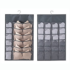 HwaGui Closet Hanging Bra Organizer with Mesh Pockets & Rotating Metal Hanger,Dual Sided Wall Shelf Wardrobe Storage Bags Pockets,Space Saver Bag for Socks Underwear Underpants,Grey(12+24 Grids)