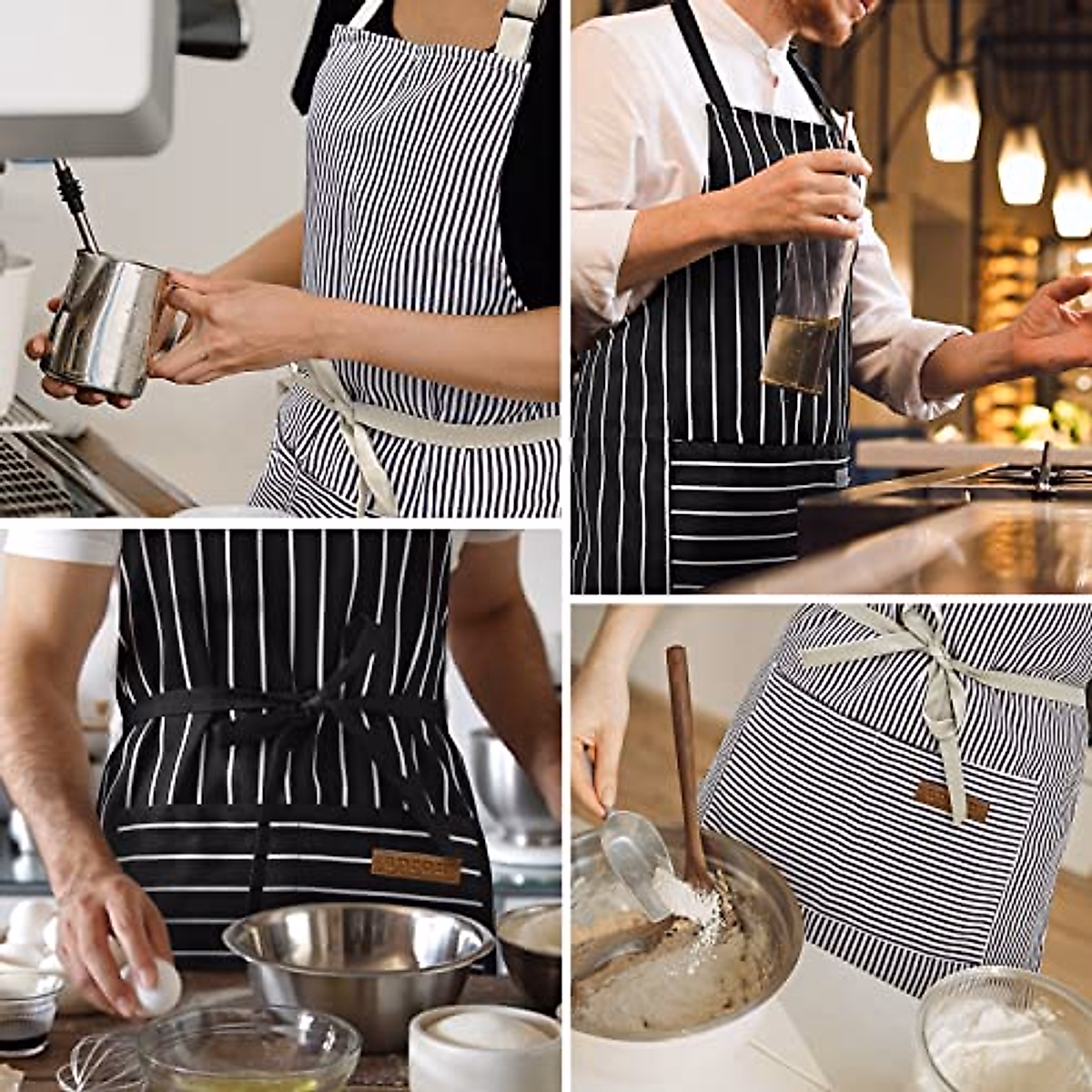 Ayla home 2 Pcs Aprons for Women with Pockets, Adjustable Neck Strap, Polycotton Chef Aprons for Men, for Kitchen Cooking Restaurant BBQ Painting Crafting (Black Broad Stripes/Brown Pinstripes)
