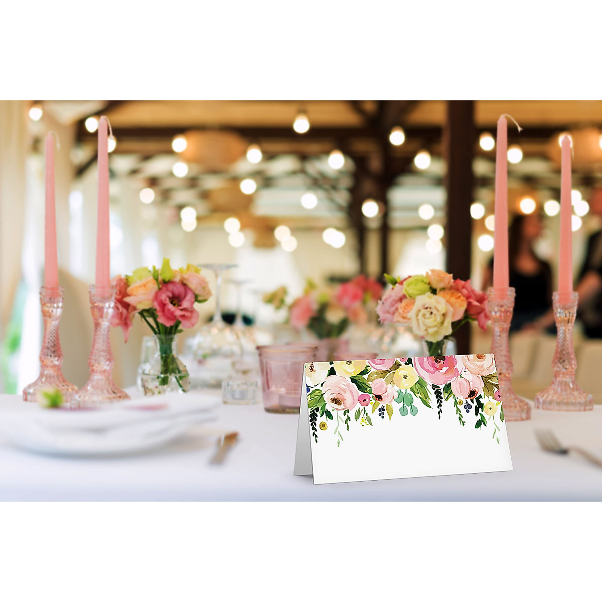 Table Place Card, Watercolor Floral Themed Tent Style Cards, Pack of 25 Half-Fold Reception Place Cards, Perfect for Wedding, Bridal & Baby Shower, Party, Birthday, Banquet and Special Events A39