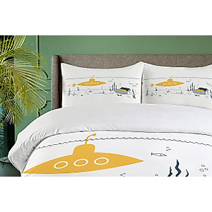 Ambesonne Yellow Submarine Duvet Cover Set, Submarine Fish and a Treasure Chest on The Sea Bottom Print, Decorative 3 Piece Bedding Set with 2 Pillow Shams, California King, White and Earth Yellow
