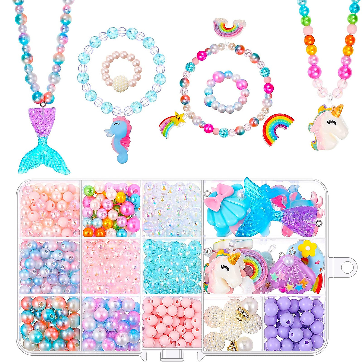 Juexica 540 Pieces Unicorn Mermaid DIY Bead Jewelry Making Kit for Rainbow Shell Necklace Bracelet Craft Art for Unicorn Mermaid Charms for Jewelry Making