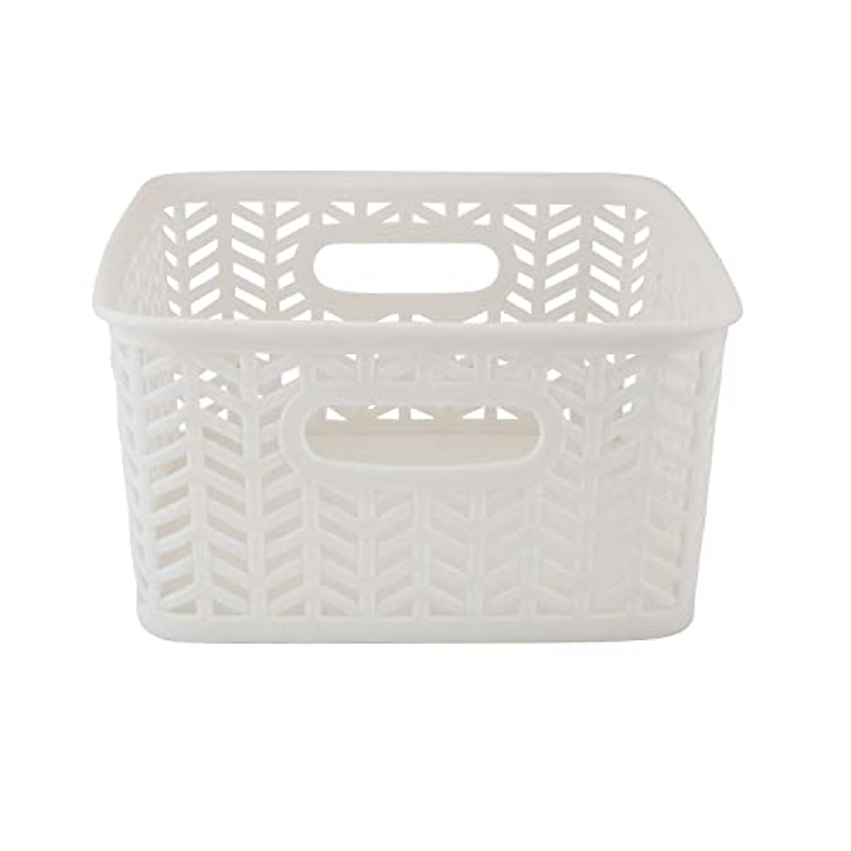 Simplify Small Herringbone Bin | Storage Tote Basket | Organizer | Decorative | Good for Closets | Countertops | Desks | Dressers | Accessories | Cleaning Products | Sports Equipment | Toys | White