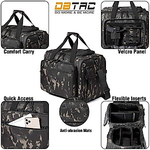 DBTAC Gun Range Bag Large | Tactical 4+ Pistol Shooting Range Duffle Bag for Handguns and Ammo with 2X Removable Hook & Loop Divider for DSLR | US Flag Patch + Universal Holster Included (Black Camo)
