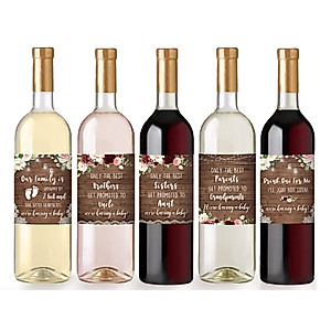 WHING Funny Pregnancy Announcement Milestones Wine Bottle Labels, Set of 5 Pieces Waterproof Sticker Covers, We're Having a Baby, Promoted to Grandparents, Brothers Sisters Promoted to Aunts Uncles