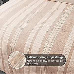 Mybedsoul Khaki Comforter Set Queen Size, Cationic Dyeing Stripes Comforter All Season Bedding Set, Soft Microfiber 7 Pieces Bed in a Bag (2 Pillow Shams, Flat Sheet, Fitted Sheet and 2 Pillowcases)