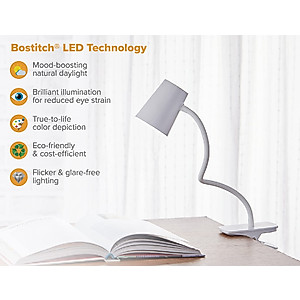 Bostitch Office Adjustable LED Clamp Light, Compact Design, Flexible Neck, Flicker Free, Suction Cups for Stable Installation, White (LED2103)